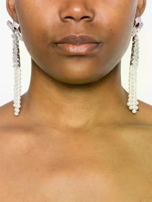 SELF-PORTRAIT Crystal Bow Pearl Drop Earrings