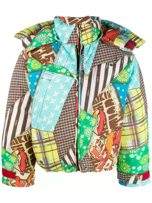 ERL Patchwork-pattern Padded Hooded Jacket - Blue