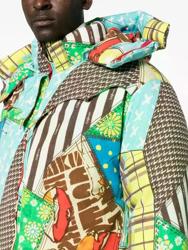 ERL Patchwork-pattern Padded Hooded Jacket - Blue