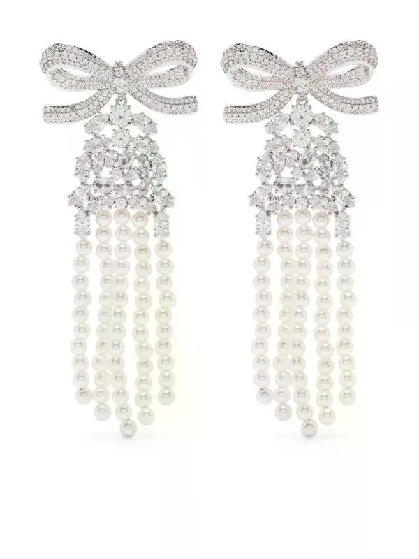 SELF-PORTRAIT Crystal Bow Pearl Drop Earrings - Silver