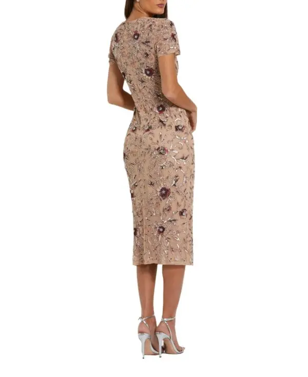 Mac Duggal Floral Embellished Mesh Midi Dress