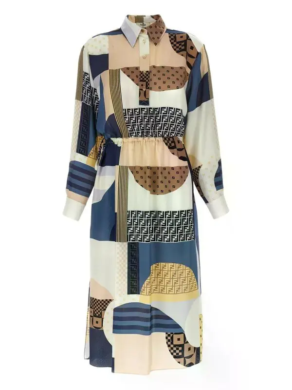 Fendi Geometric-print Silk Belted Dress - Blue
