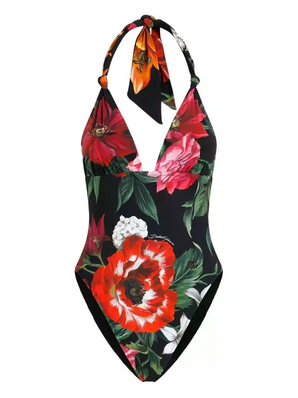 Dolce & Gabbana Floral-print Halterneck Swimsuit - Black