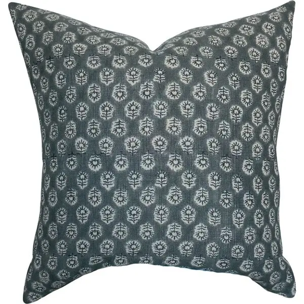LINEN & JAMES Bailey | Blue Floral Handblock Pillow Cover - Navy