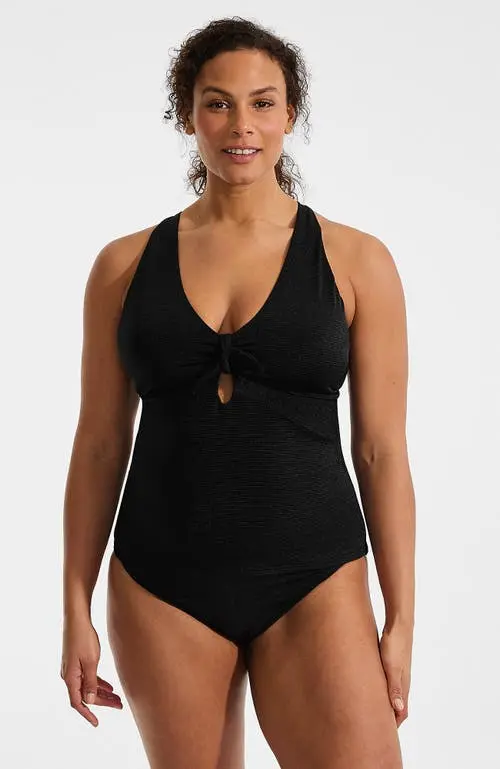 LANDS' END Ribbed Tankini Top And High Waisted Bottom Swimsuit Set - Black Ottoman