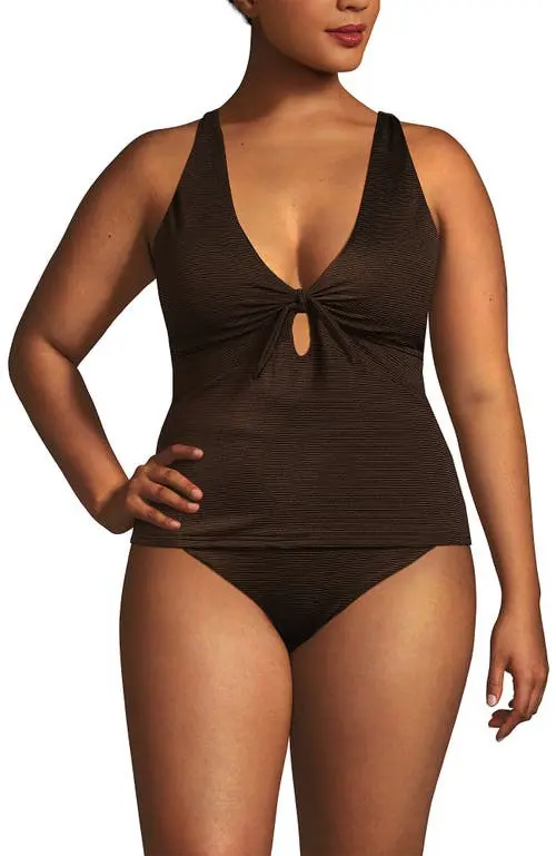 LANDS' END Ribbed Tankini Top And High Waisted Bottom Swimsuit Set - Chocolate Brown Shine
