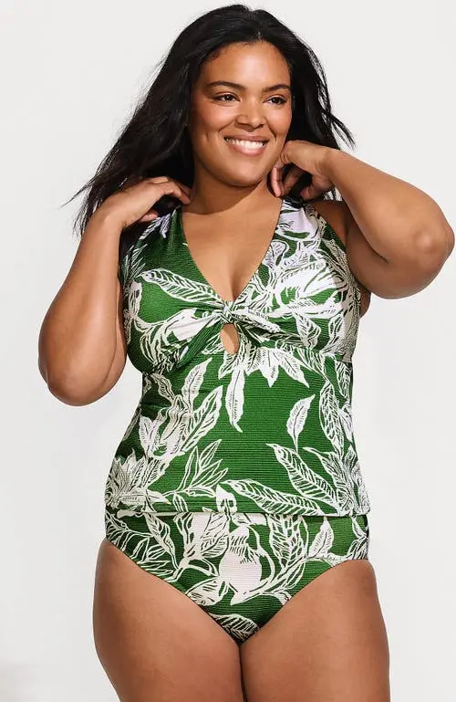 LANDS' END Ribbed Tankini Top And High Waisted Bottom Swimsuit Set - Green Etched Leaves Shine