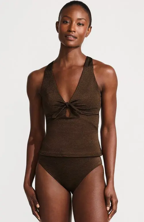 LANDS' END Shine Ribbed Tankini Swimsuit Set - Chocolate Brown Shine