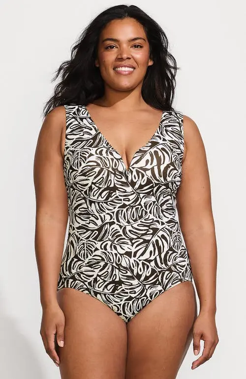 LANDS' END Sculpting Suit Sweetheart V-wire High Leg One Piece Swimsuit - Brown Mini Tropic Leaves