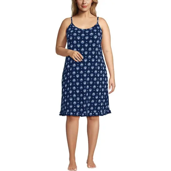 LANDS' END Cooling Knee Length Slip Nightgown - Deep Sea Navy Large Foulard