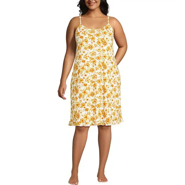 LANDS' END Cooling Knee Length Slip Nightgown - Pale Yellow Painted Floral