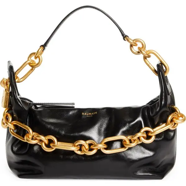 Balmain Medium Leather Hobo Bag - Black