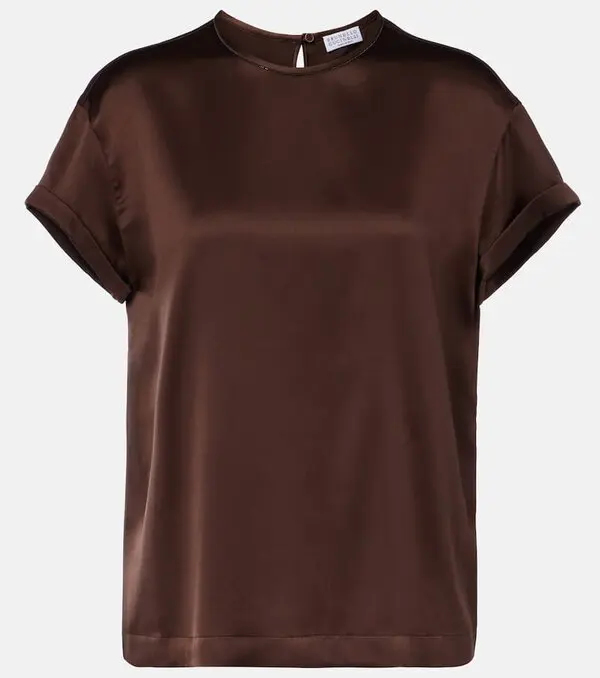 Brunello Cucinelli Monili Silk-blend Satin T-shirt - Brown