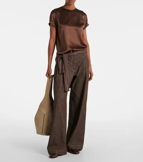 Brunello Cucinelli Monili Silk-blend Satin T-shirt - Brown