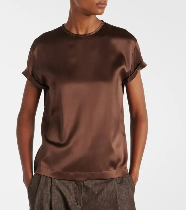 Brunello Cucinelli Monili Silk-blend Satin T-shirt - Brown