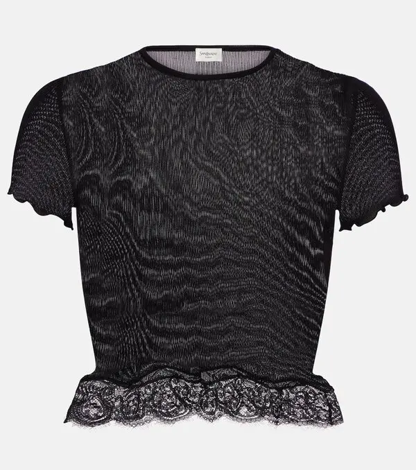 Saint Laurent Lace-trimmed Cropped Silk T-shirt - Black