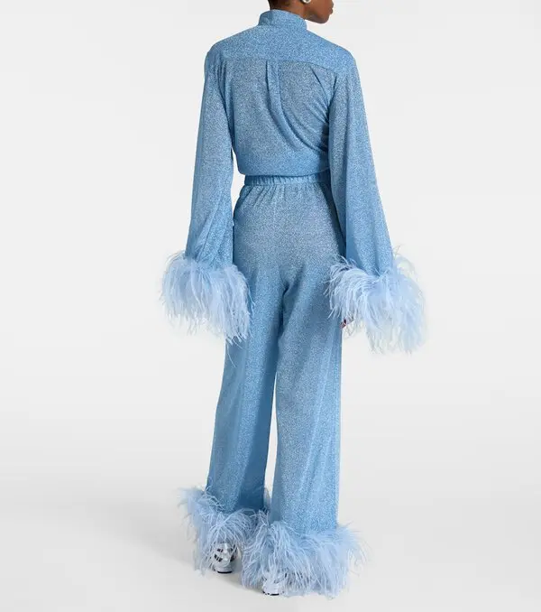 Oseree Lumière Feather-trimmed Wide-leg Pants - Blue