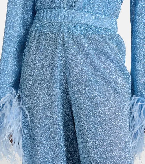 Oseree Lumière Feather-trimmed Wide-leg Pants - Blue
