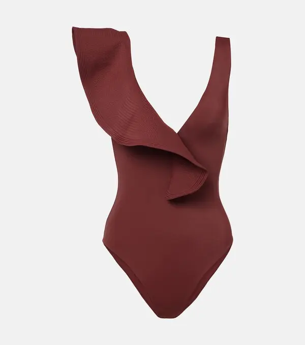 Johanna Ortiz Asymmetric Ruffled Swimsuit - Red