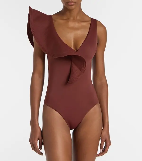 Johanna Ortiz Asymmetric Ruffled Swimsuit - Red