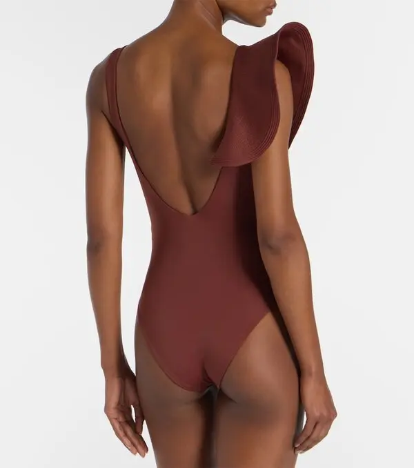 Johanna Ortiz Asymmetric Ruffled Swimsuit - Red