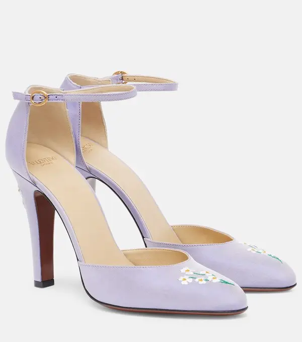 Valentino Garavani Hi Dolly 105 Embroidered Satin Pumps - Purple