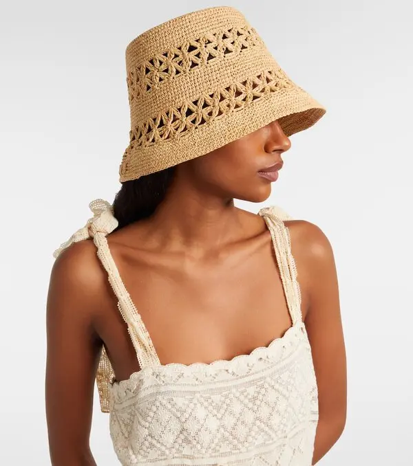 Zimmermann Black Zebra Raffia Bucket Hat - Beige