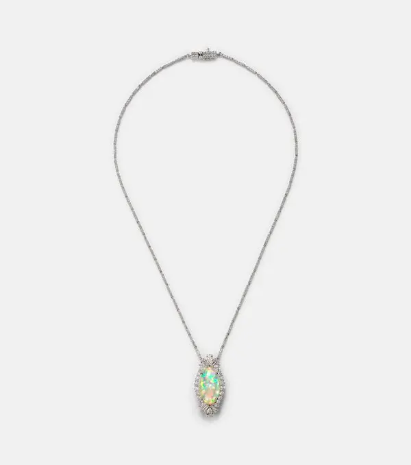 Yeprem 18kt White Gold Diamond And Opal Pendant Necklace - Silver