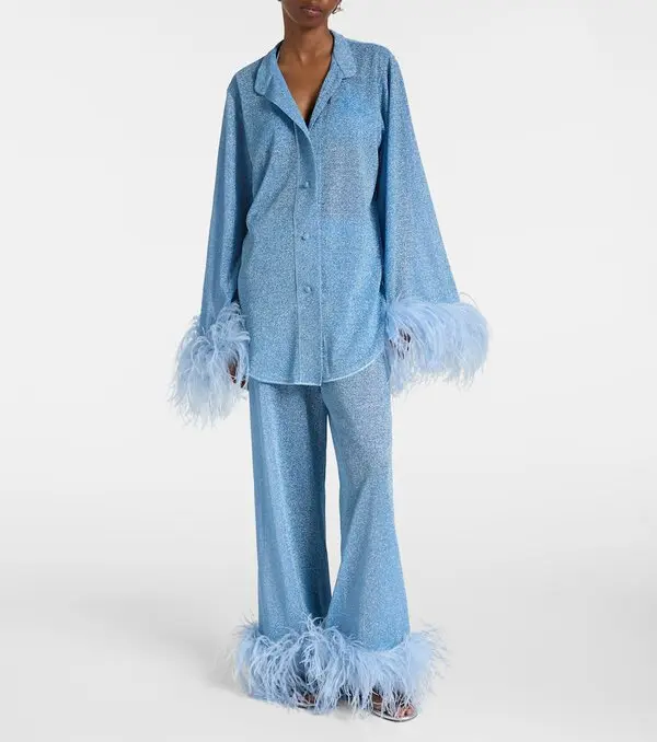 Oseree Lumiere Feather-trimmed Wide-leg Pants - Blue