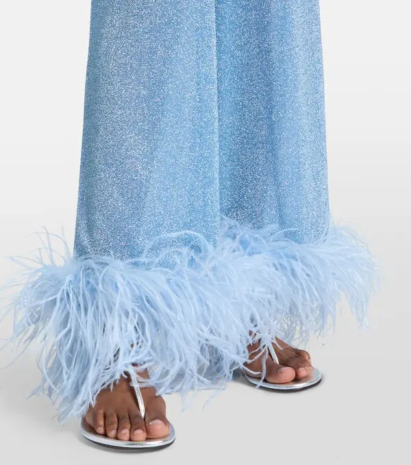 Oseree Lumiere Feather-trimmed Wide-leg Pants - Blue