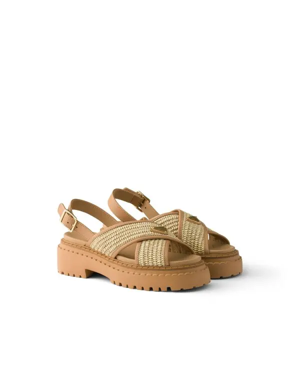 Prada Crochet And Leather Sandals - Neutral