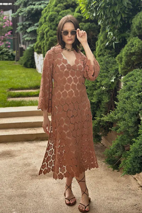 Miguelina Arelis Cosmos Flower Lace Caftan Mocha - Brown