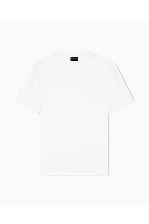 Emporio Armani Modal Jersey V-neck T-shirt With Micro Eagle Embroidery - White