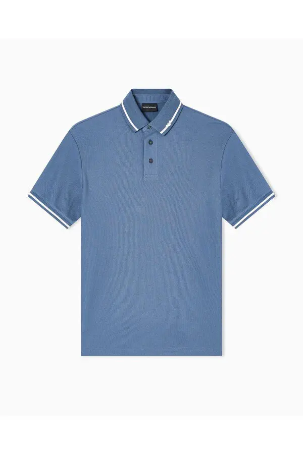Emporio Armani Piqué Polo Shirt With Micro Eagle Embroidery And Trim - Blue