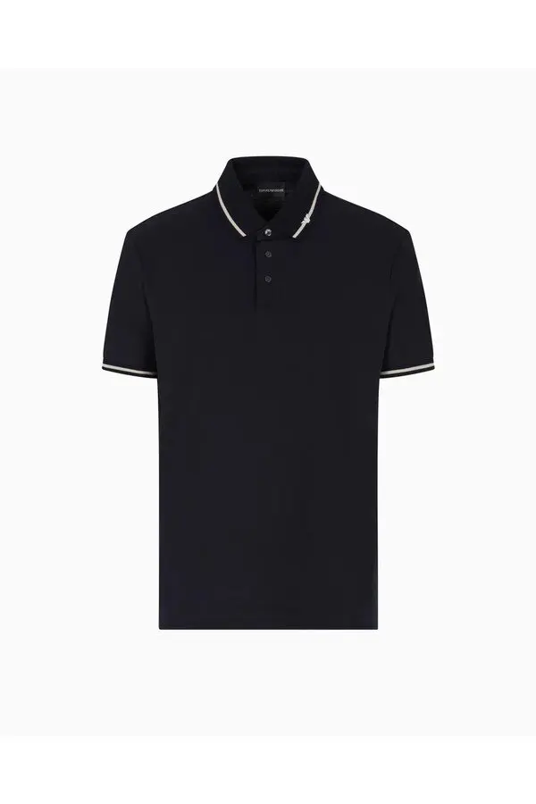 Emporio Armani Piqué Polo Shirt With Micro Eagle Embroidery And Trim - Navy