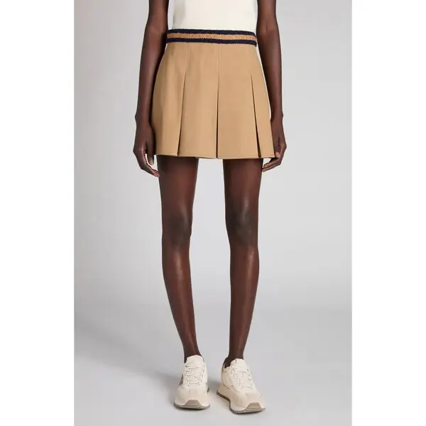 Moncler Pleated Cotton Stretch Gabardine Miniskirt - Beige