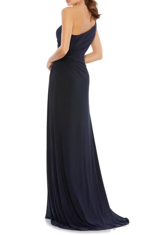 Mac Duggal One-shoulder Ruched Jersey Gown - Midnight