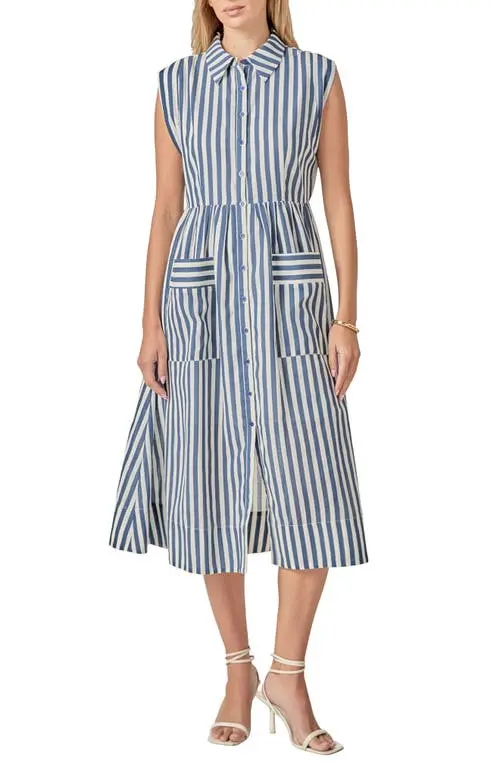 English Factory Stripe Sleeveless Seersucker Midi Shirtdress - Navy/ White