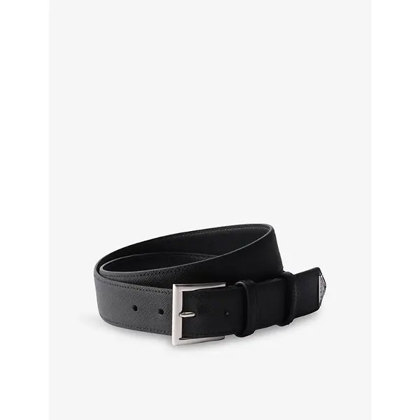 Prada Triangle Logo Saffiano Leather Belt - Black
