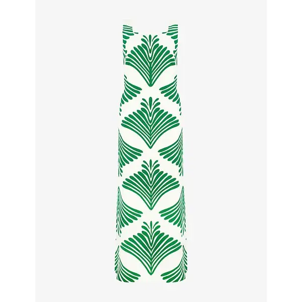 RO&ZO Fan-print Square-neck Maxi Dress - Green