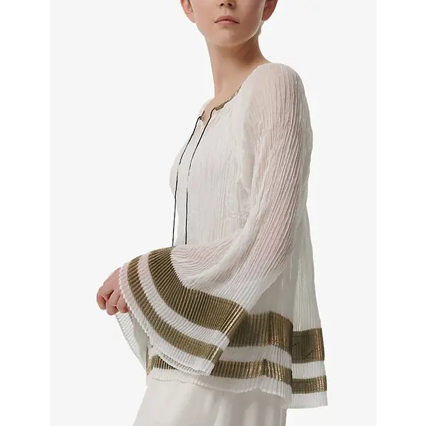LEEM Pleated Contrast Stripe Woven Top