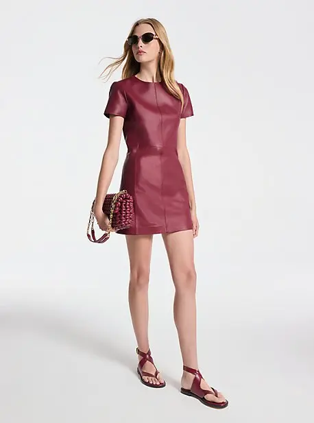 knee length dresses for ladies Chic Purple Strapless Fringe Women Mini Leather Dress XL / Brown
