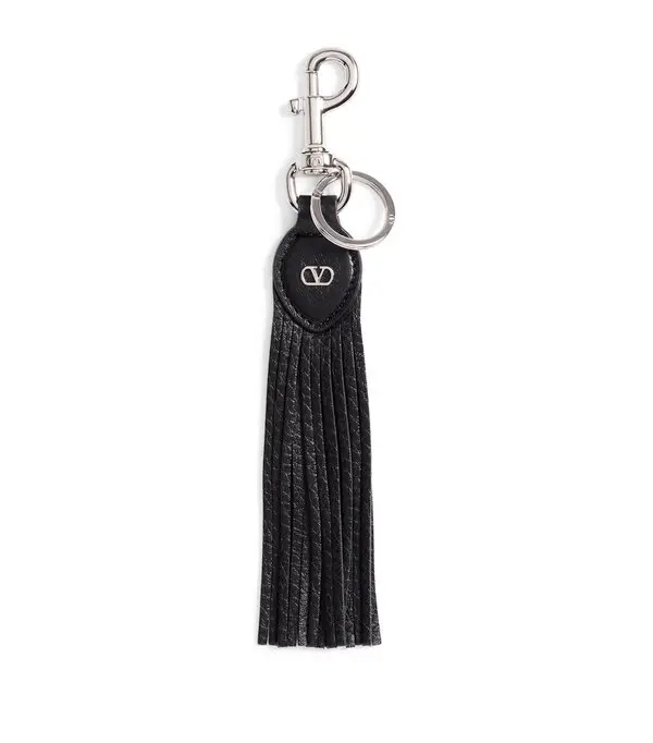 Valentino Garavani Grained Leather Fringe Vlogo Keychain - Black