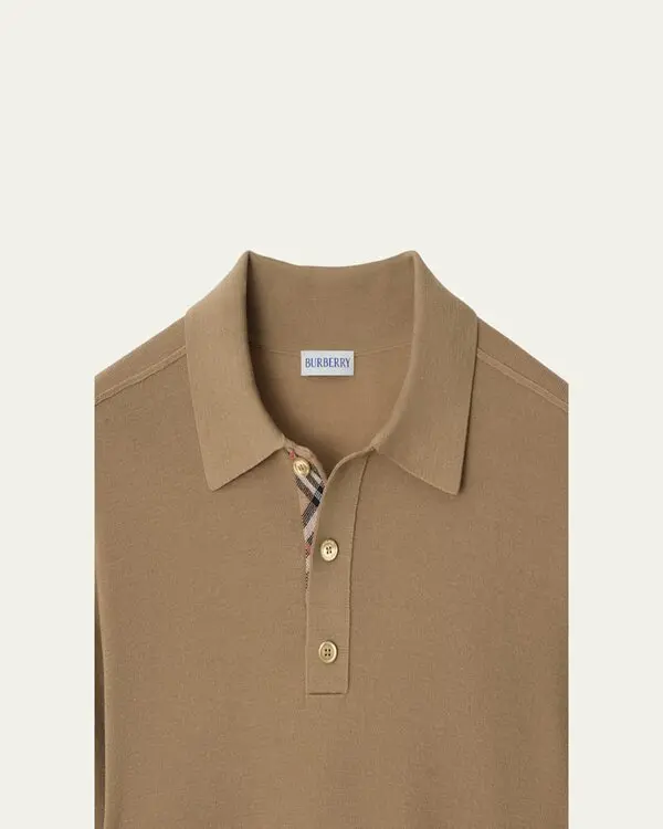 Burberry Check-placket Wool Knit Polo Shirt - Flax