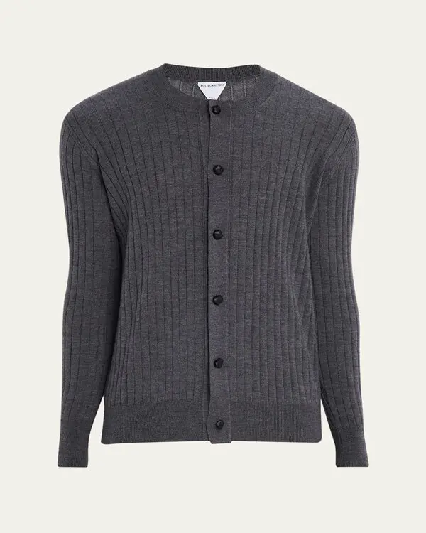 Bottega Veneta Ribbed Wool Cardigan With Leather Buttons - Antracite