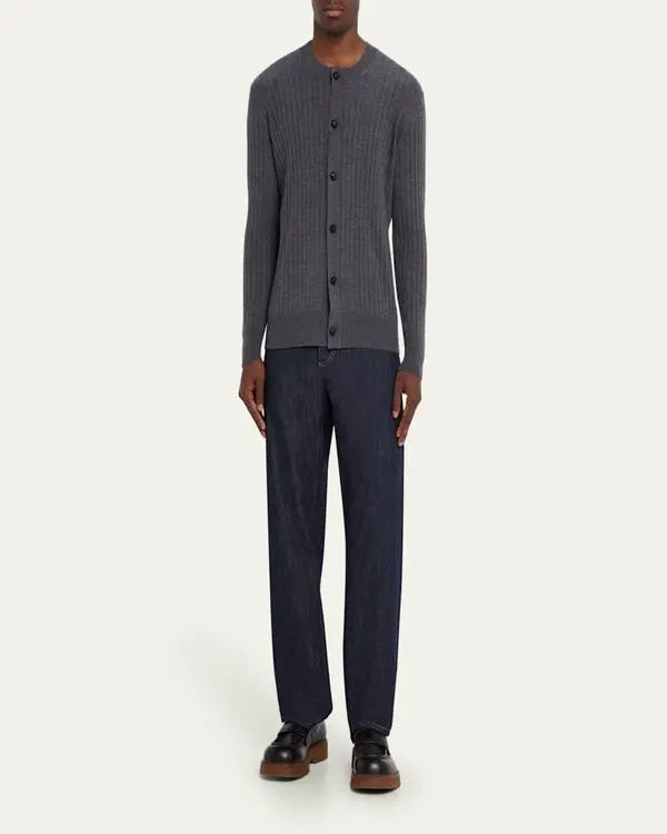 Bottega Veneta Ribbed Wool Cardigan With Leather Buttons - Antracite