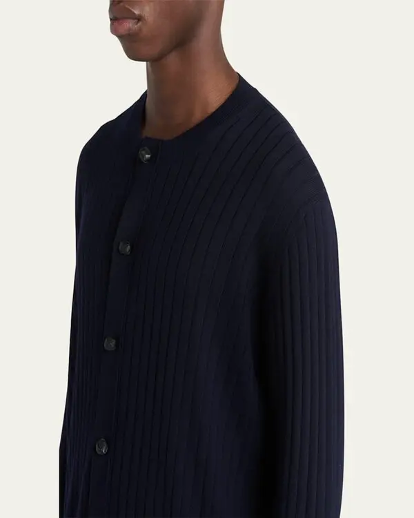 Bottega Veneta Ribbed Wool Cardigan With Leather Buttons - Antracite