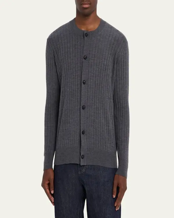 Bottega Veneta Ribbed Wool Cardigan With Leather Buttons - Antracite