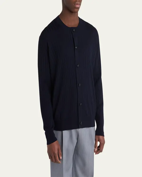 Bottega Veneta Ribbed Wool Cardigan With Leather Buttons - Antracite
