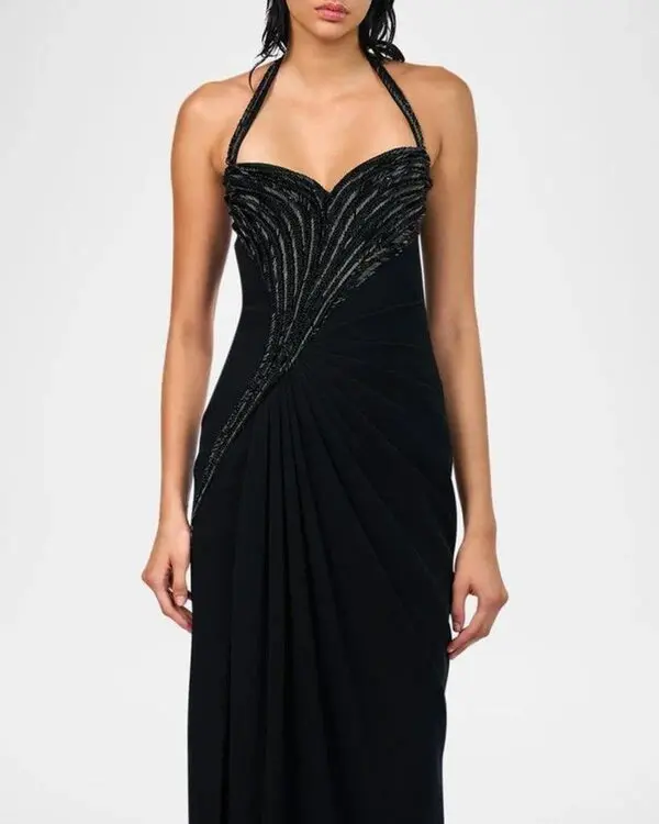 GAURAV GUPTA Athena Embroidered Draped Halter Gown - Black